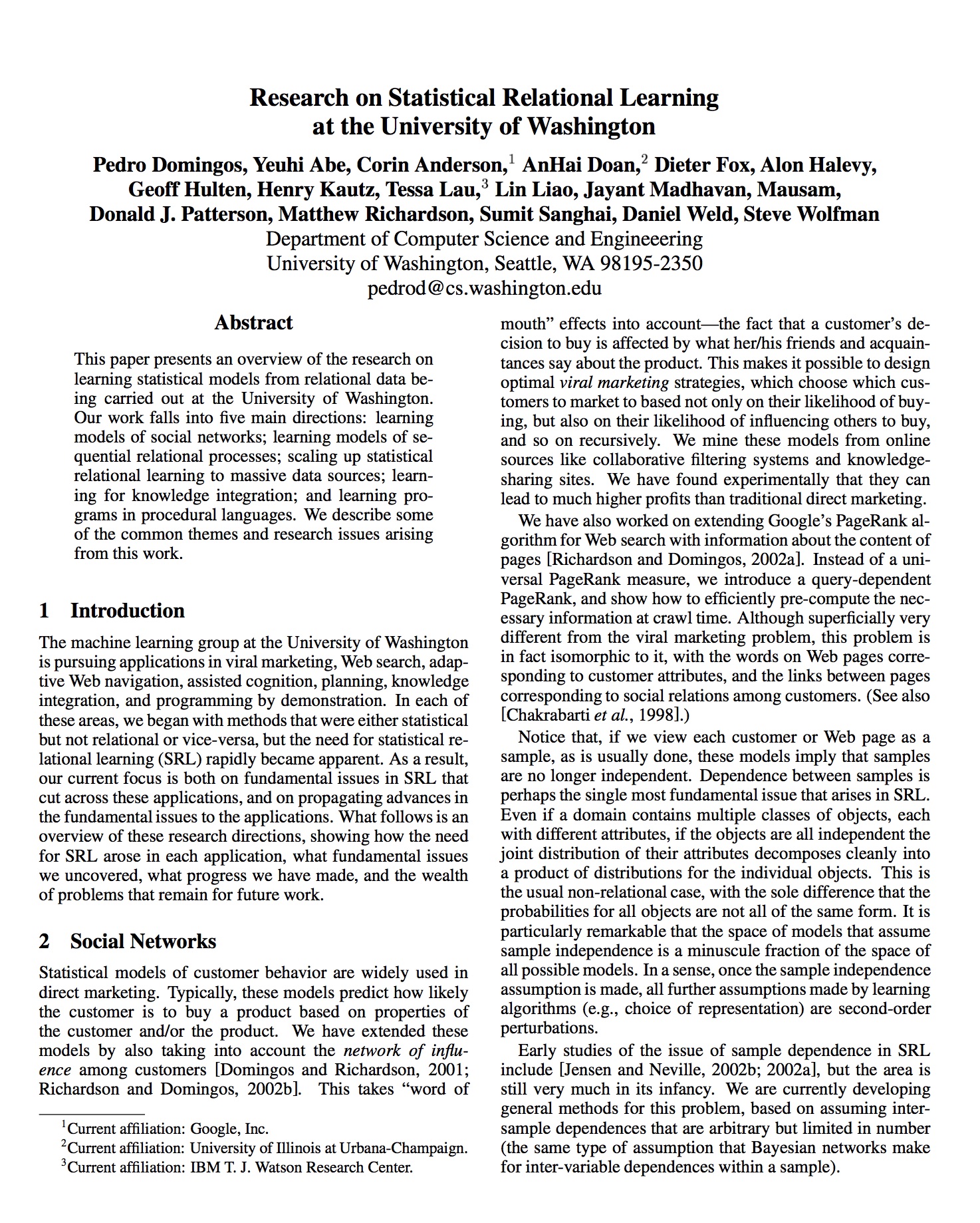Research On Statistical Relational Learning At The University Of Washington Donald J Patterson